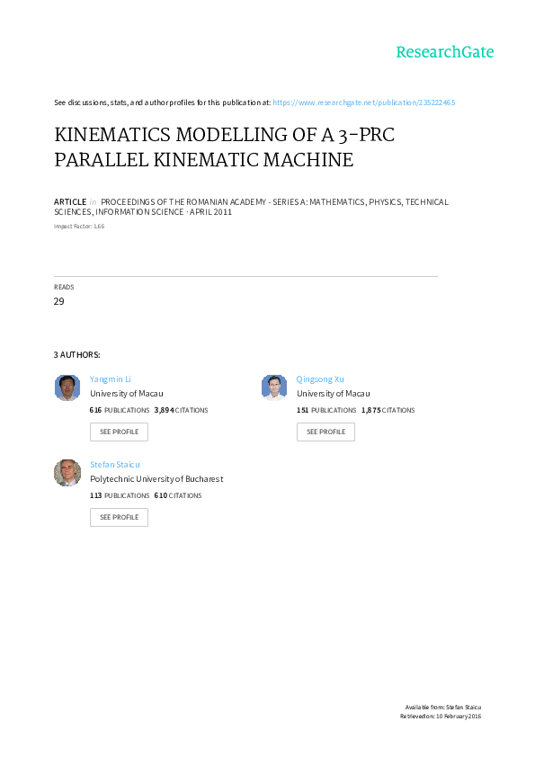 (PDF) KINEMATICS MODELLING OF A 3-PRC PARALLEL KINEMATIC MACHINE