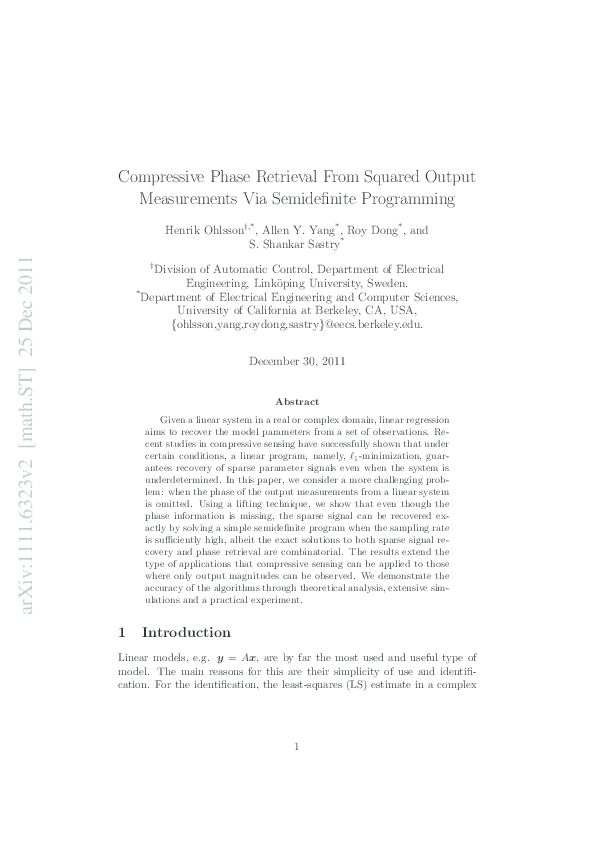 (PDF) Compressive Phase Retrieval from Squared Output Measurements Via ...
