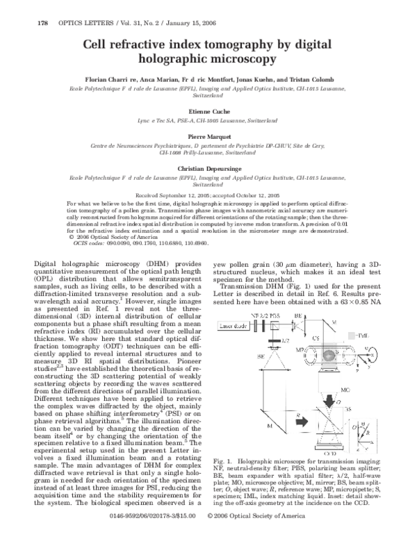 Pdf Cell Refractive Index Tomography By Digital Holographic Microscopy