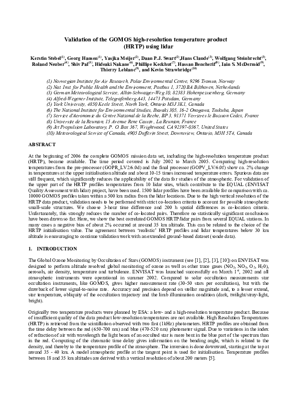 (PDF) Validation of the GOMOS high-resolution temperature product (HRTP) using lidar
