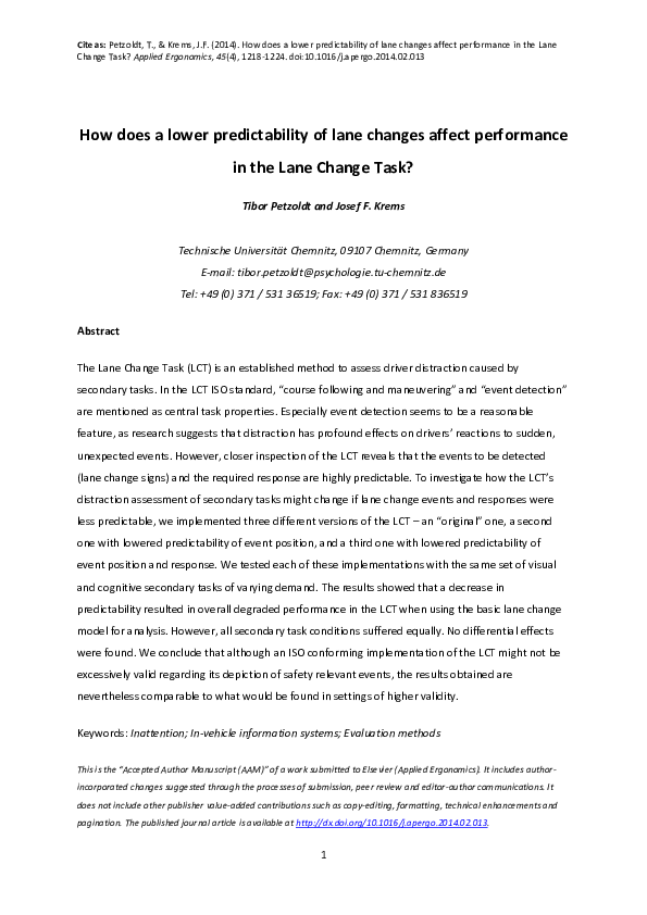 (PDF) How does a lower predictability of lane changes affect performance in the Lane Change Task?