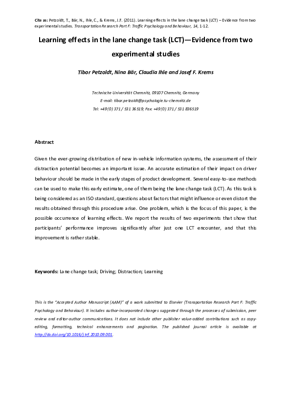 (PDF) Learning effects in the lane change task (LCT)—Evidence from two experimental studies