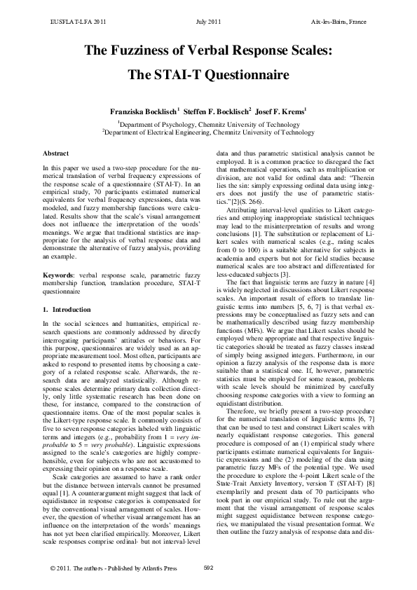 (PDF) The Fuzziness of Verbal Response Scales:The STAI-T Questionnaire