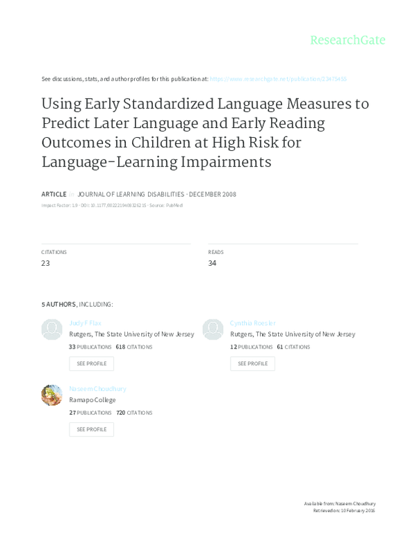 (PDF) Using Early Standardized Language Measures to Predict Later ...