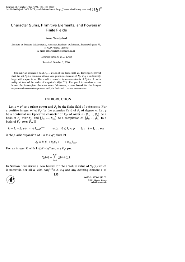 (PDF) Character Sums, Primitive Elements, and Powers in Finite Fields