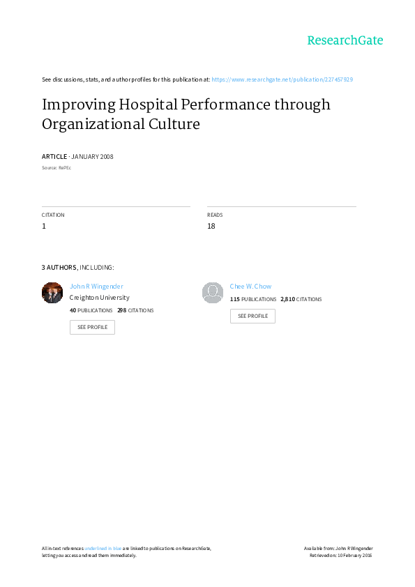 (PDF) Improving Hospital Performance through Organizational Culture