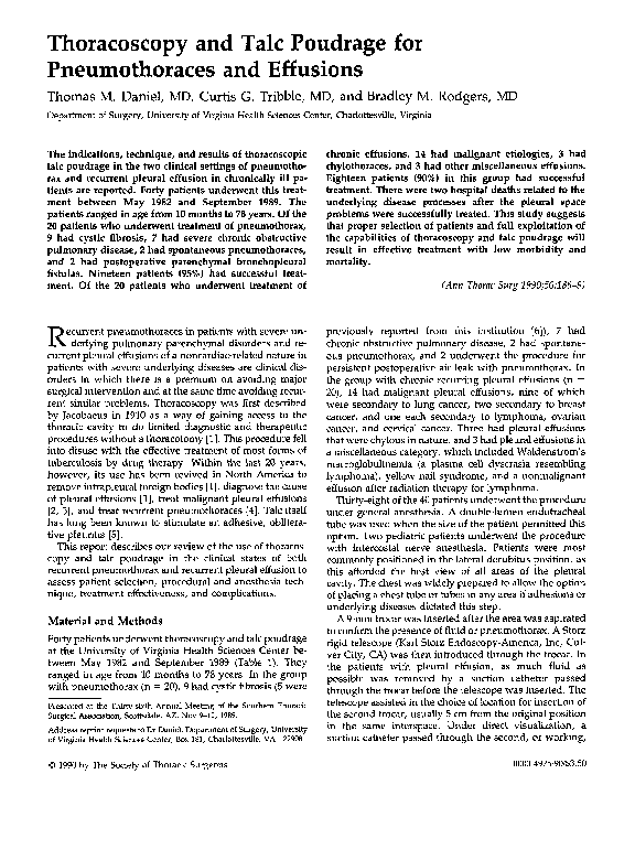 (PDF) Thoracoscopy and talc poudrage for pneumothoraces and effusions