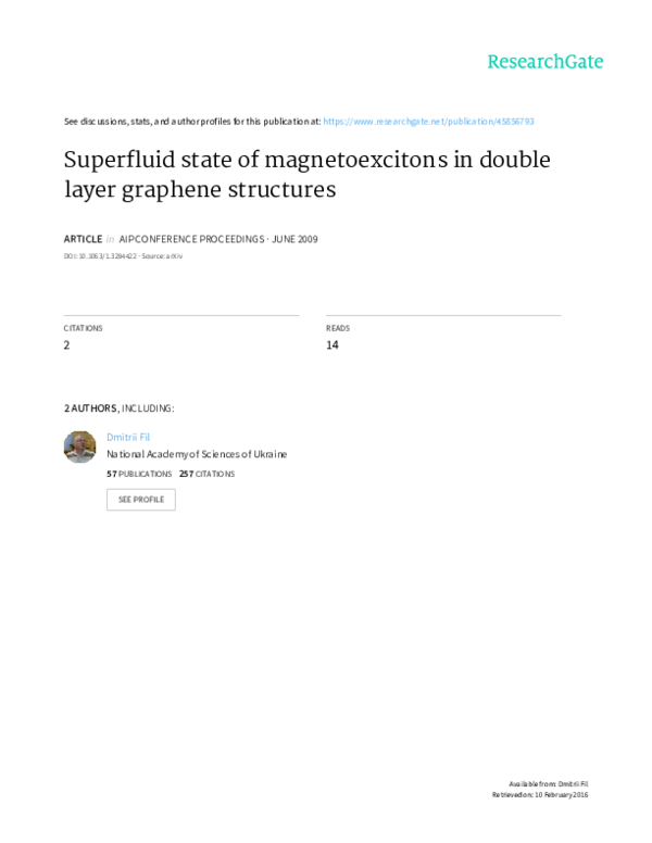 (PDF) Superfluid state of magnetoexcitons in double layer graphene ...