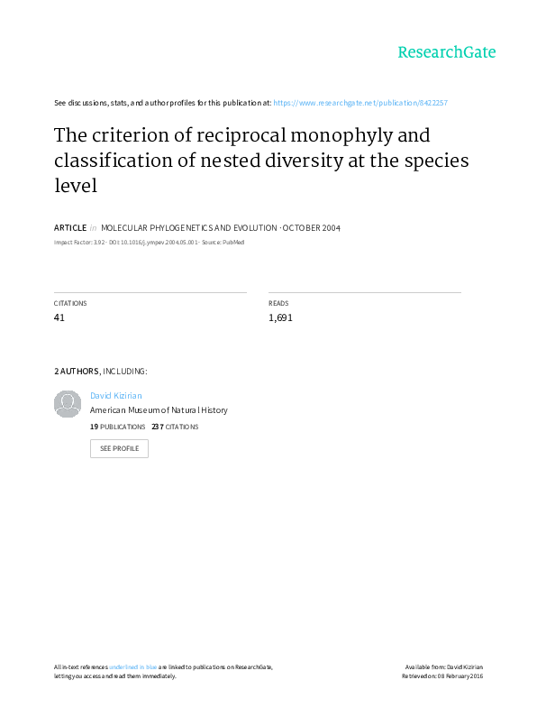 (PDF) The criterion of reciprocal monophyly and classification of ...