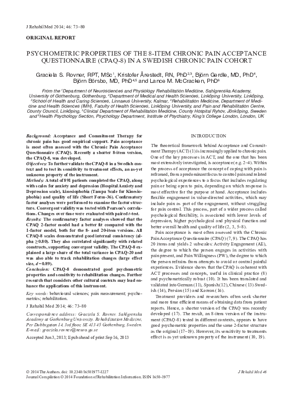 (PDF) Rovner 2014 Psychometric properties of the 8 item Chronic Pain ...