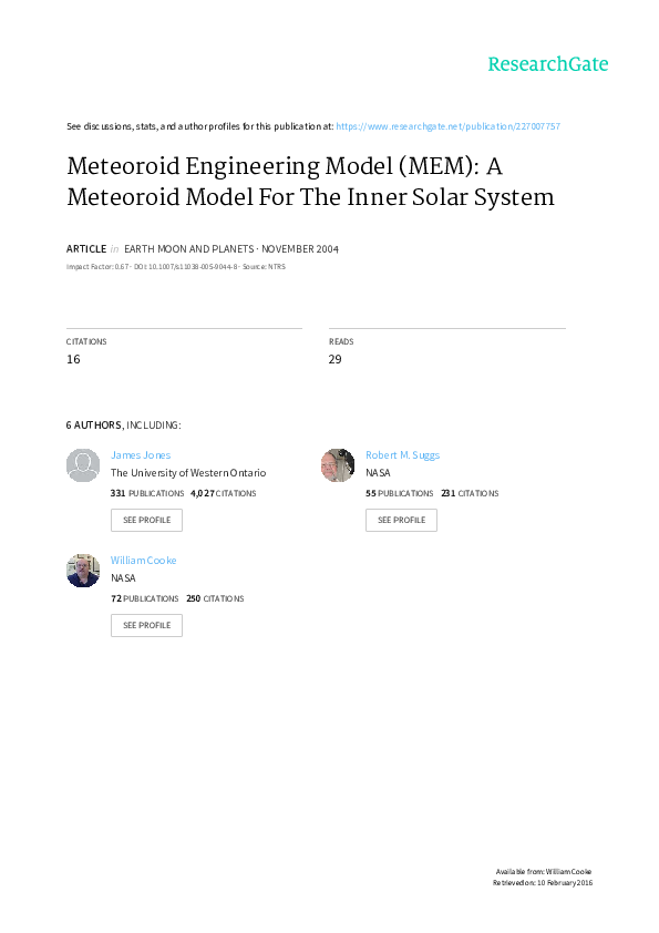 (PDF) Meteoroid Engineering Model (MEM): A Meteoroid Model For The ...