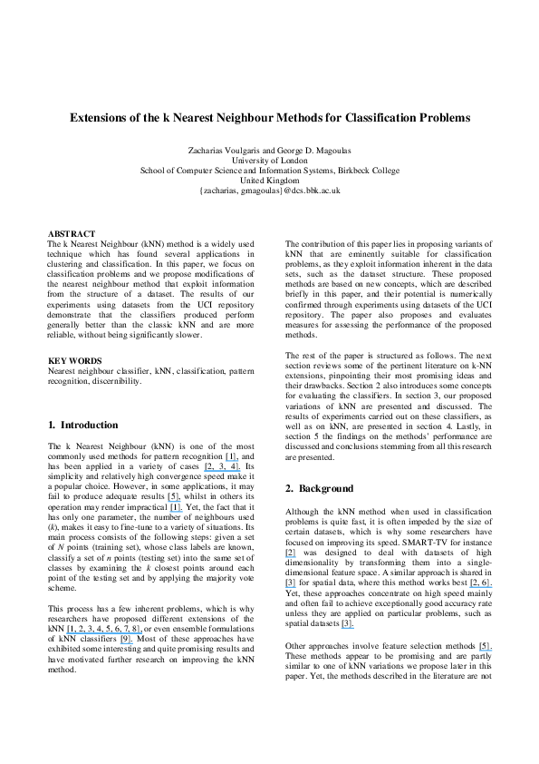 (PDF) Extensions of the k nearest neighbour methods for classification ...
