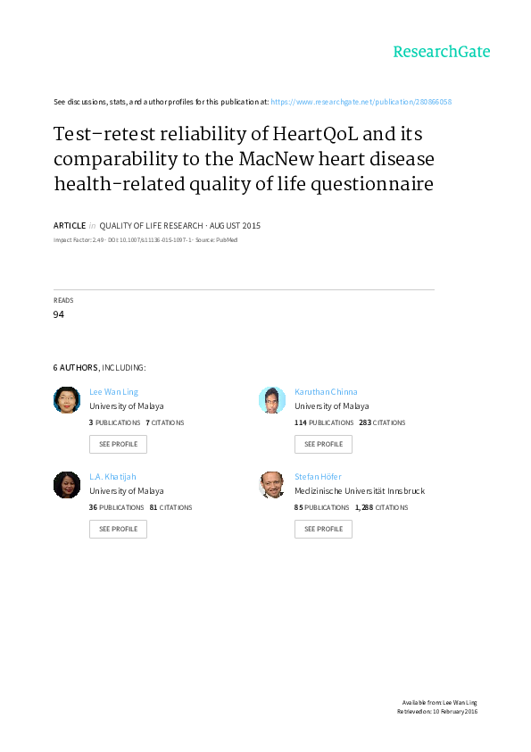(PDF) Test-retest reliability of HeartQoL and its comparability to the ...