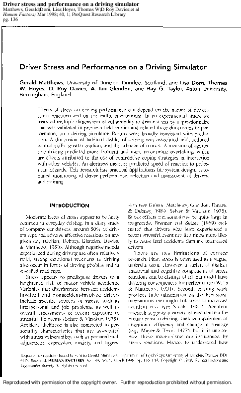 (PDF) Driver Stress and Performance on a Driving Simulator