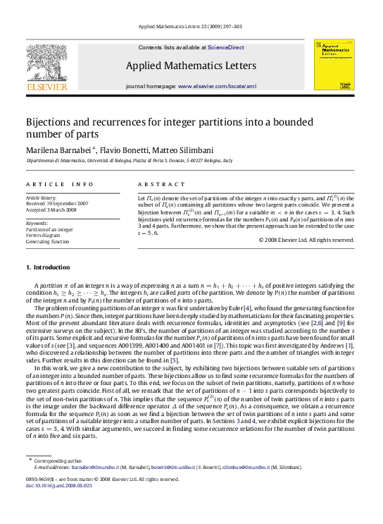 (PDF) Bijections and recurrences for integer partitions into a bounded number of parts