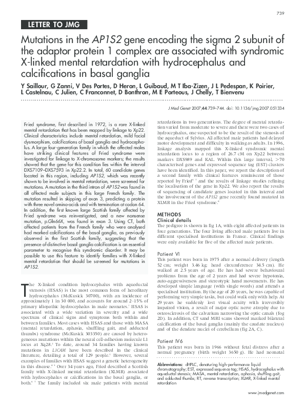(PDF) Mutations in the AP1S2 gene encoding the sigma 2 subunit of the ...