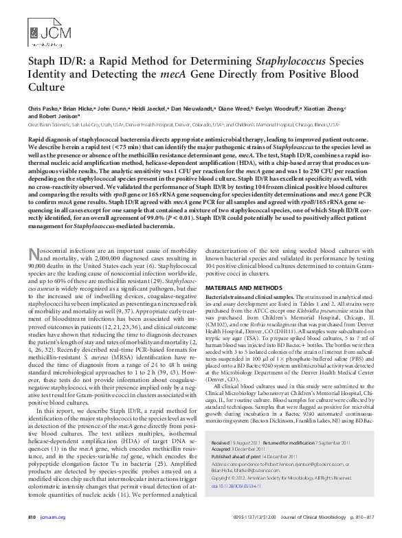 (PDF) Staph ID/R: a Rapid Method for Determining Staphylococcus Species ...
