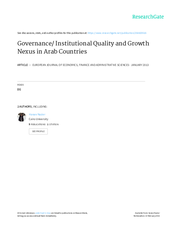 (PDF) Governance/ Institutional Quality and Growth Nexus in Arab Countries