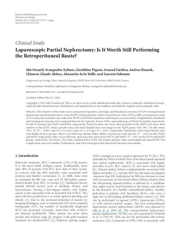 (PDF) Laparoscopic Partial Nephrectomy: Is It Worth Still Performing the Retroperitoneal Route?