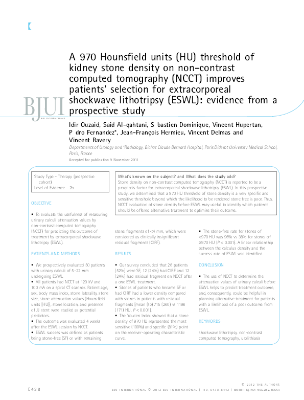 (PDF) A 970 Hounsfield units (HU) threshold of kidney stone density on ...