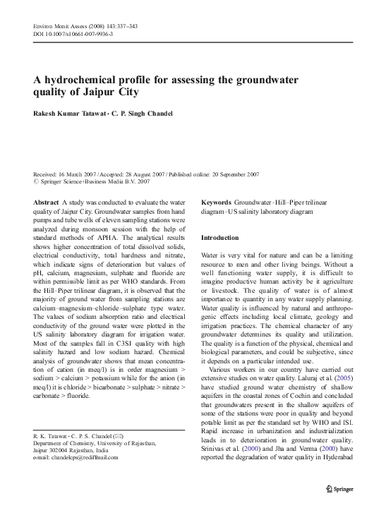 (PDF) A hydrochemical profile for assessing the groundwater quality of Jaipur City