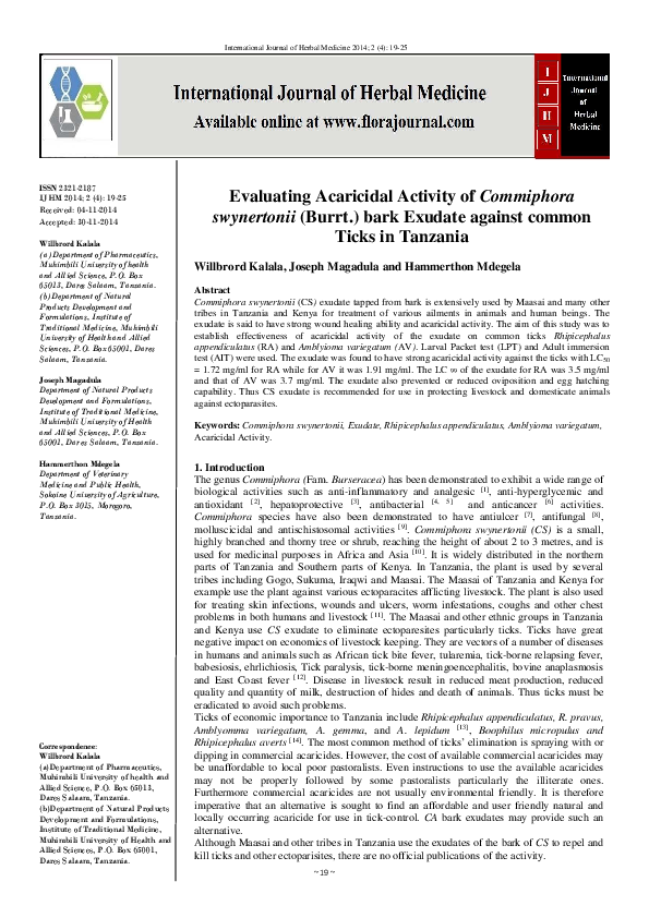 (PDF) Evaluating Acaricidal Activity of Commiphora swynertonii (Burrt ...