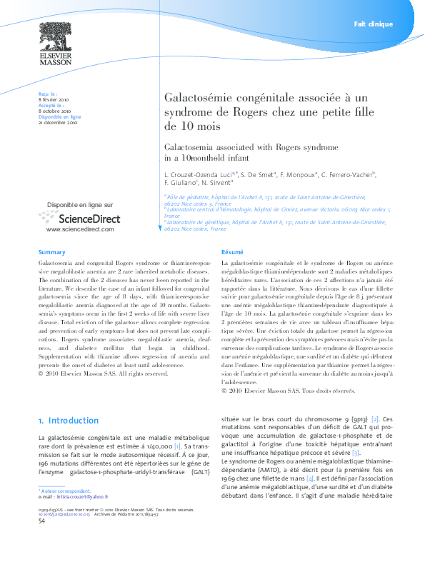 (PDF) [Galactosemia associated with Rogers syndrome in a 10-month-old ...