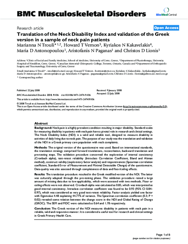 (PDF) Factor Structure of the Neck Disability Index | Charles Philip ...