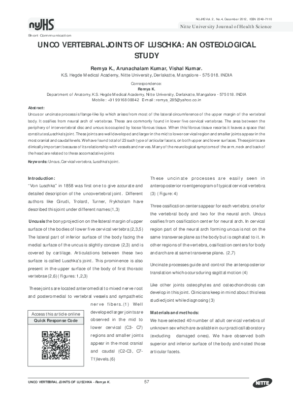 (PDF) Unco Vertebral Joints of Luschka: An Osteological Study