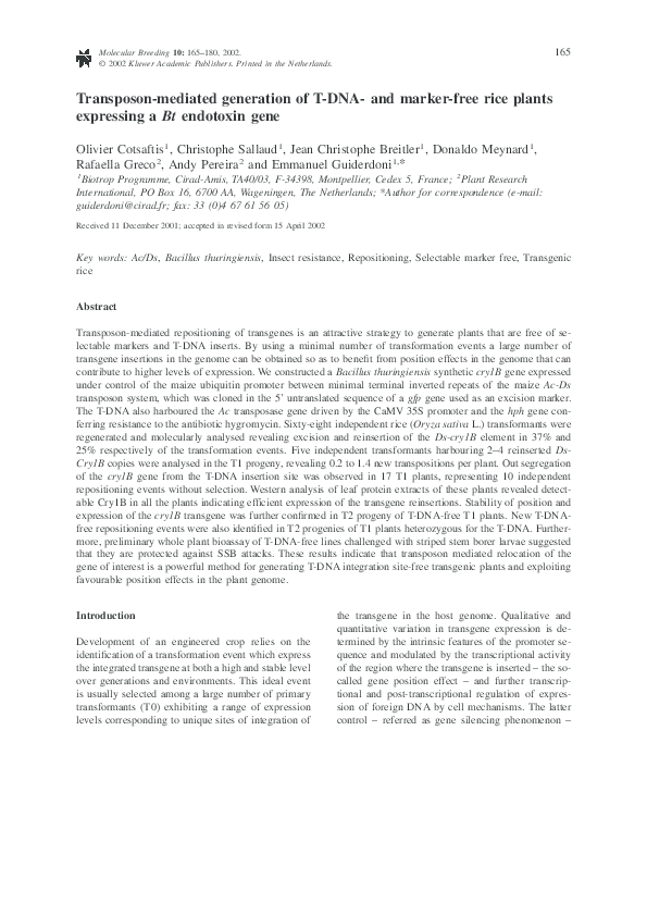 (PDF) Transposon-mediated generation of T-DNA-and marker-free rice ...