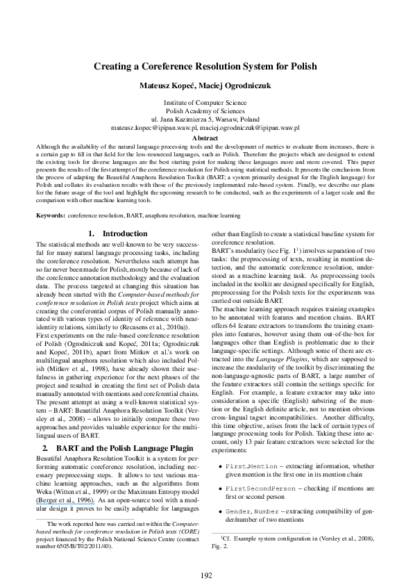 (PDF) Creating a Coreference Resolution System for Polish