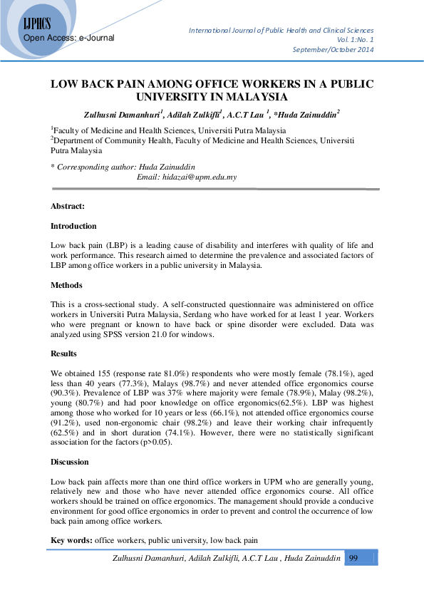 (PDF) Low Back Pain Among Office Workers in a Public University in Malaysia