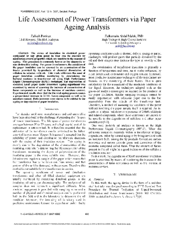 (PDF) Life Assessment of Power Transformers via Paper Ageing Analysis