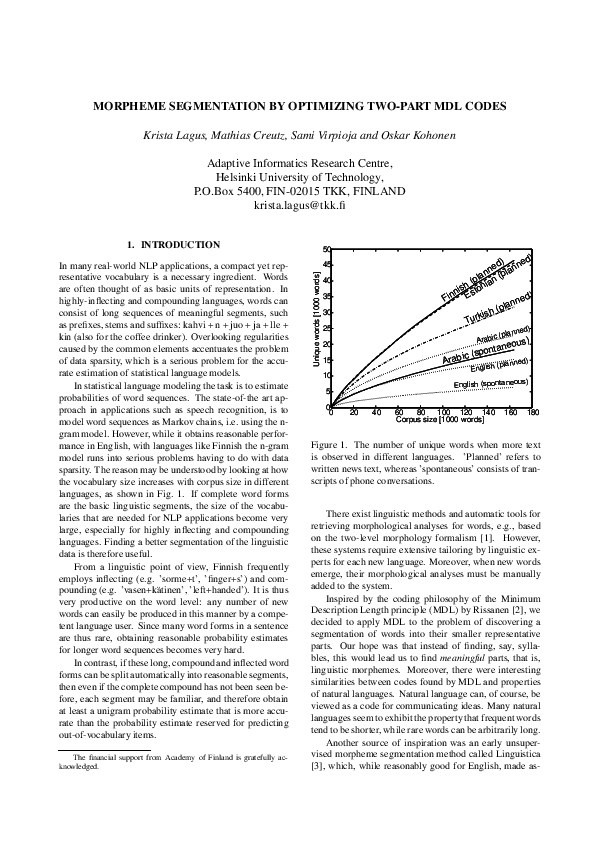 (PDF) MORPHEME SEGMENTATION BY OPTIMIZING TWO-PART MDL CODES