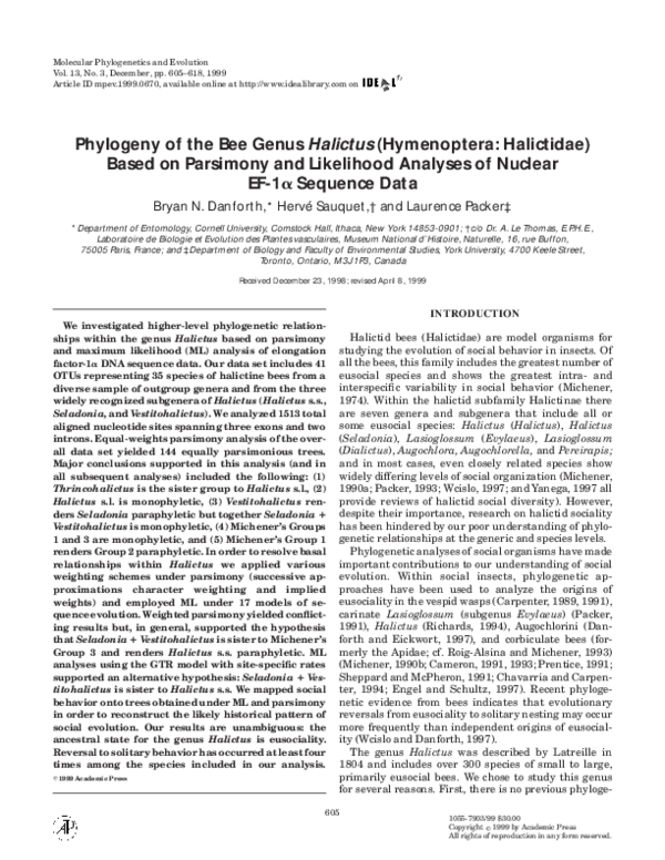 (PDF) Phylogeny of the Bee Genus Halictus (Hymenoptera: Halictidae ...