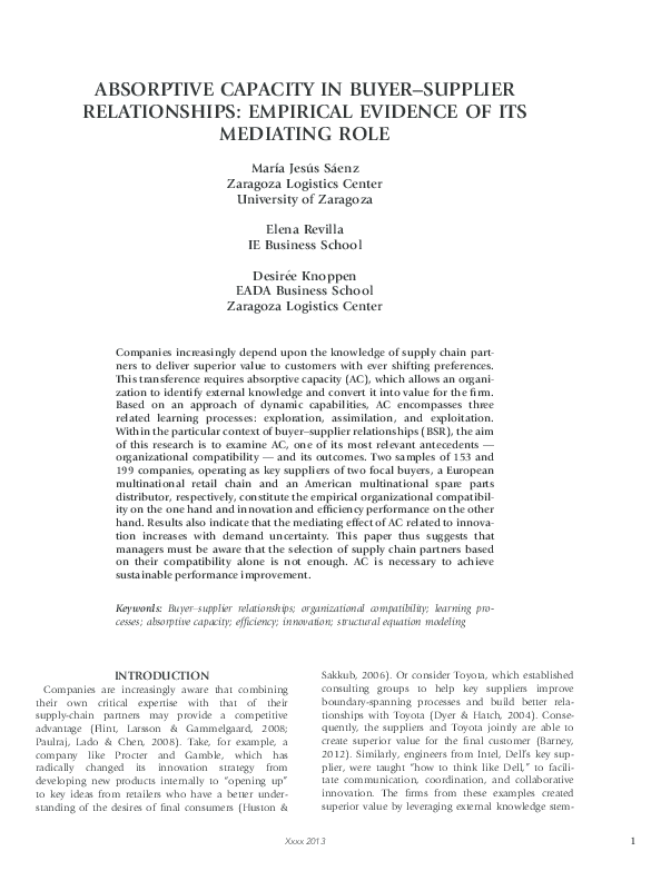 (PDF) Absorptive Capacity in Buyer-supplier Relationships: Empirical Evidence of Its Mediating Role