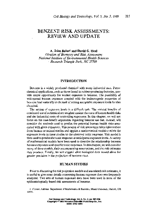 (PDF) Benzene risk assessments: Review and update
