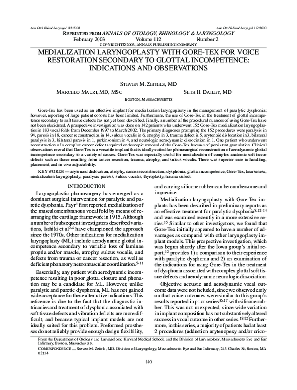 (PDF) Medialization laryngoplasty with Gore-Tex for voice restoration ...