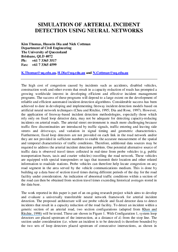 Pdf Simulation Of Arterial Incident Detection Using Neural Networks