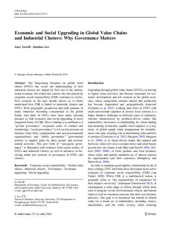 (PDF) Economic and Social Upgrading in Global Value Chains and Industrial Clusters: Why ...