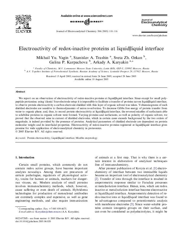 (PDF) Electroactivity of redox-inactive proteins at liquid|liquid interface