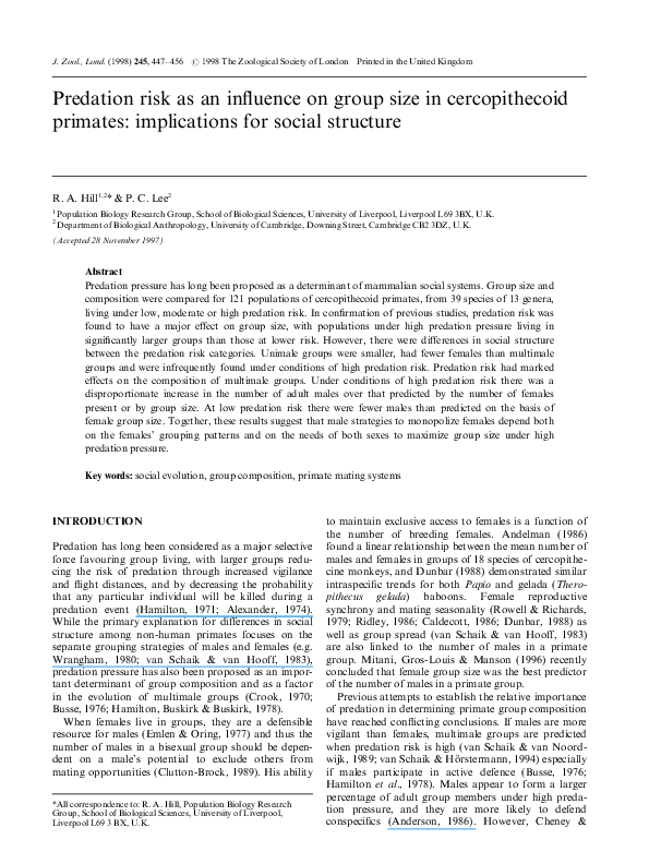 (PDF) Predation risk as an influence on group size in cercopithecoid ...