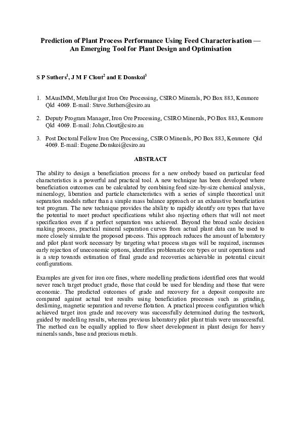 (PDF) Prediction of Plant Process Performance Using Feed ...