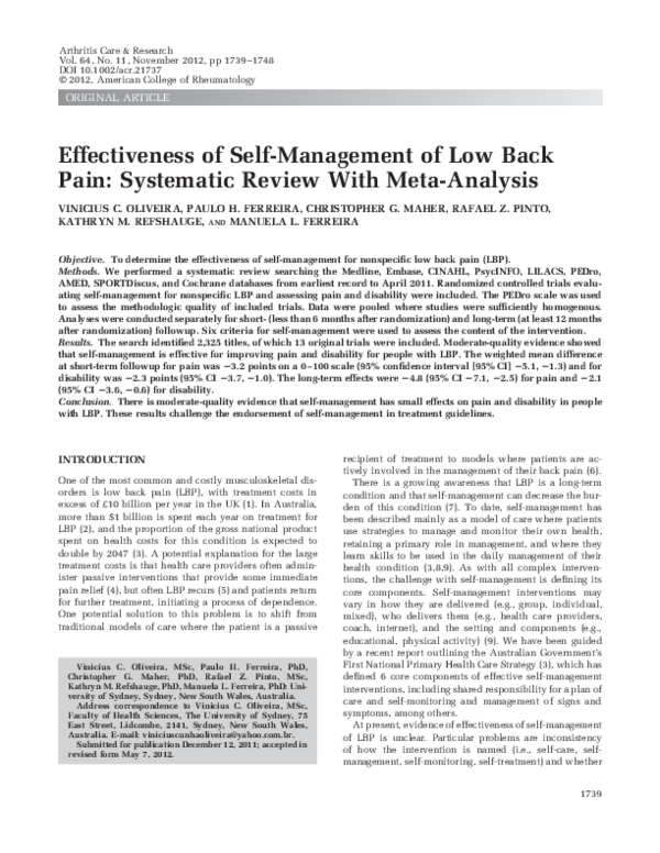 (PDF) Effectiveness of self-management of low back pain: Systematic ...
