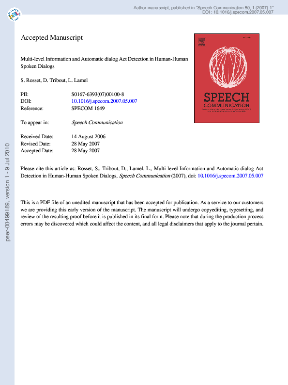 Pdf Multi Level Information And Automatic Dialog Act Detection In