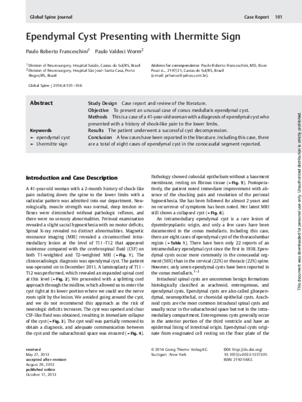(PDF) Ependymal cyst presenting with lhermitte sign | Paulo ...