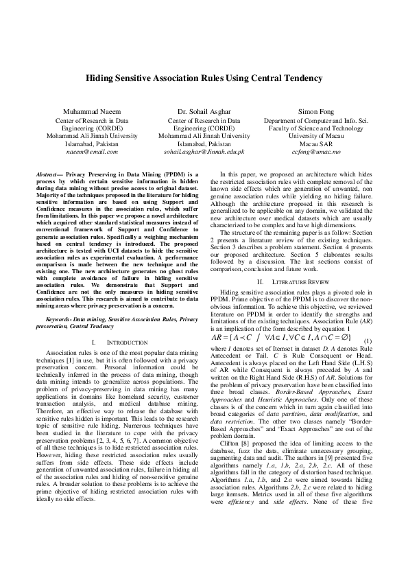 (PDF) Hiding sensitive association rules using central tendency