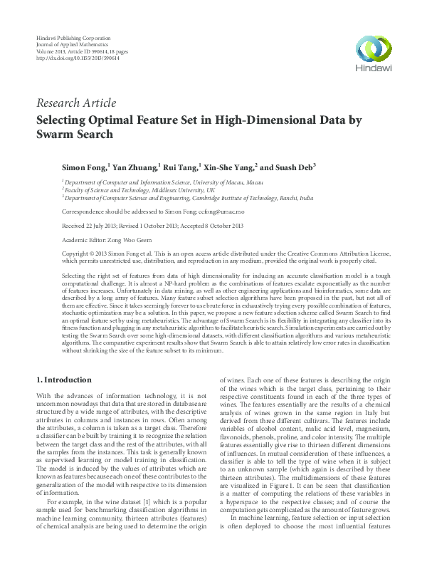 (PDF) Selecting Optimal Feature Set in High-Dimensional Data by Swarm Search
