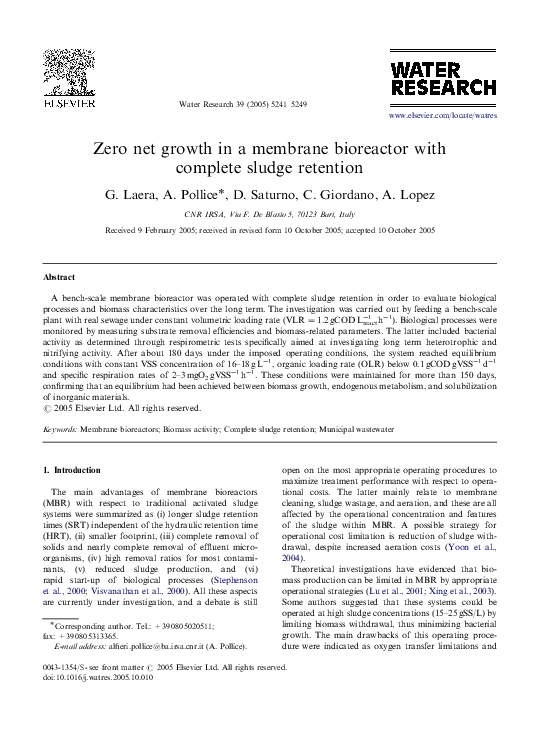 (PDF) Zero net growth in a membrane bioreactor with complete sludge ...