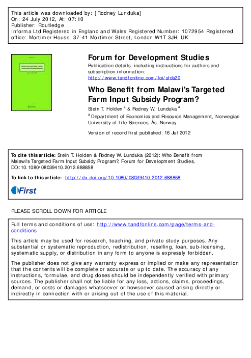 (PDF) Who Benefit from Malawi's Targeted Farm Input Subsidy Program?